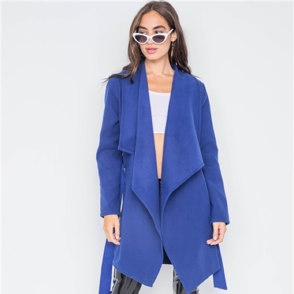 Jackets & Coats | Trendy Royal Blue Drape Front Belted Fleece Wrap ...